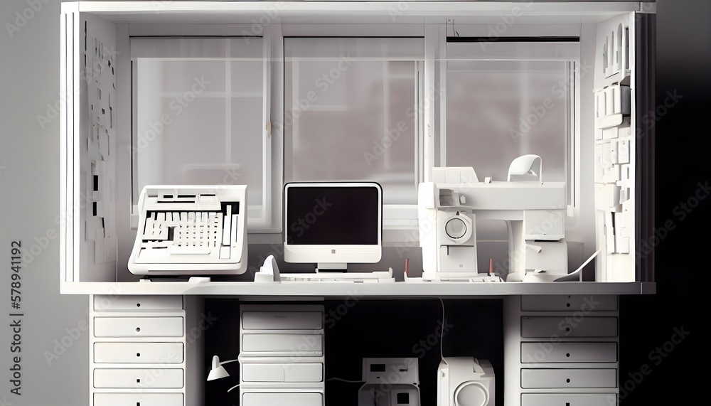 interior of a white room with a chair, window display, computer ...