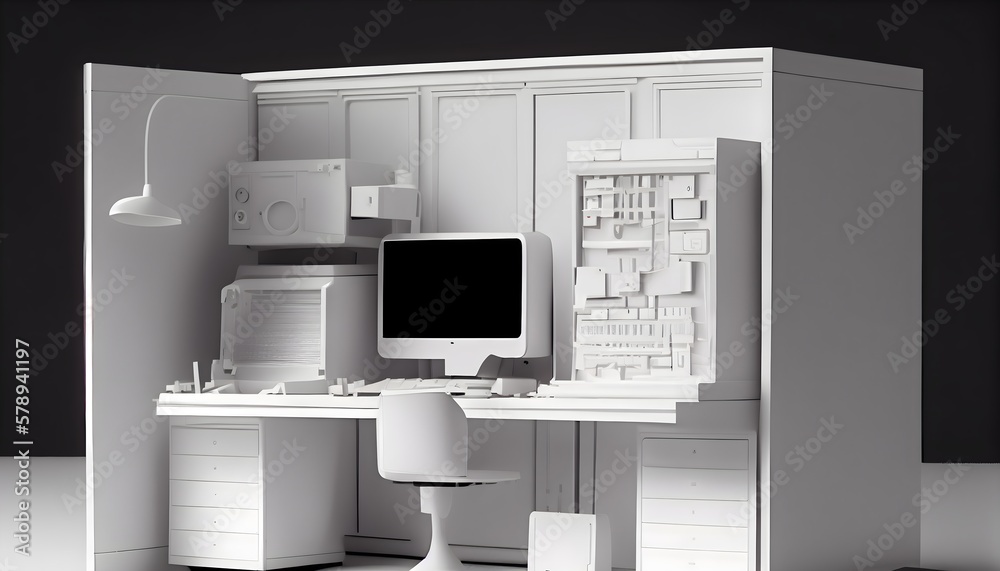 interior of a white room with a chair, window display, computer ...