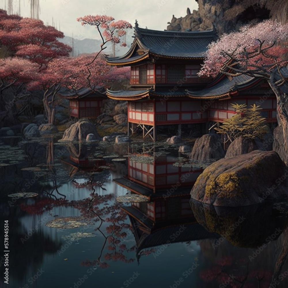 Temple of Heaven in Feudal Japan - Oil Painting of Feudal Japan Pagoda ...