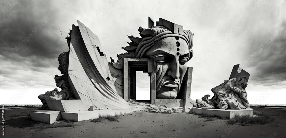 Ancient eroded marble deity heads, monolithic ruined monument, Greek ...