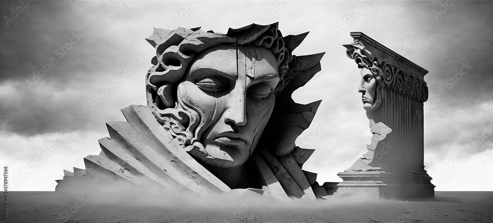 Ancient eroded marble deity heads, monolithic ruined monument, Greek ...