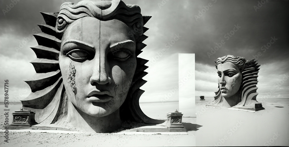 Ancient eroded marble deity heads, monolithic ruined monument, Greek ...