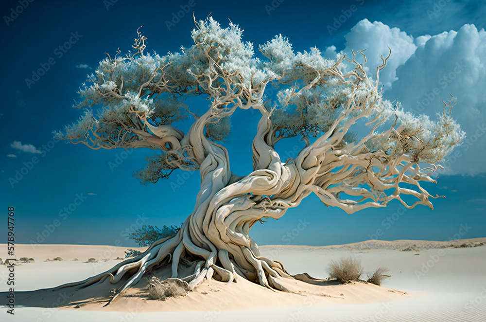 Lonely unusual white dry tree in a desert, with blue sky and clouds in ...
