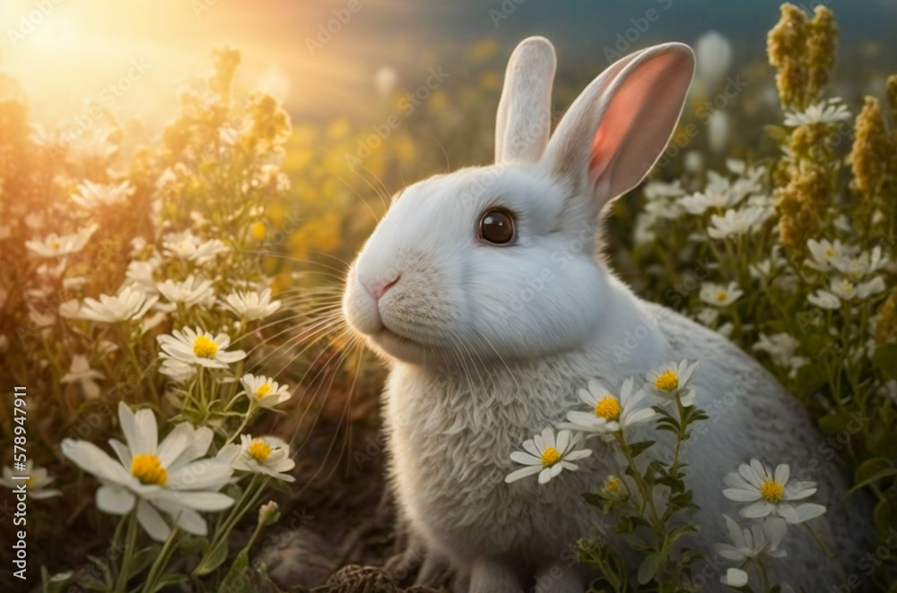 Cute rabbit among wild flowers in a sunny morning with sun behind. Fictional illustration ...