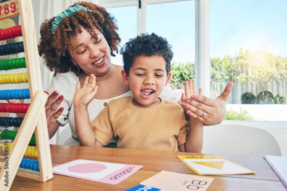 Foto de Learning, happy and education with mother with son study for ...