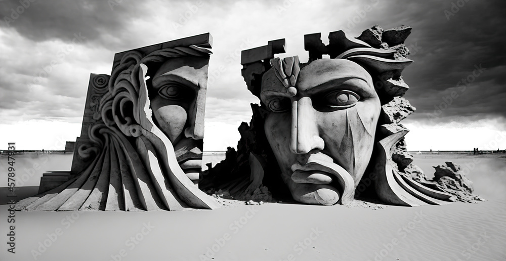 Ancient eroded marble deity heads, monolithic ruined monument, Greek ...