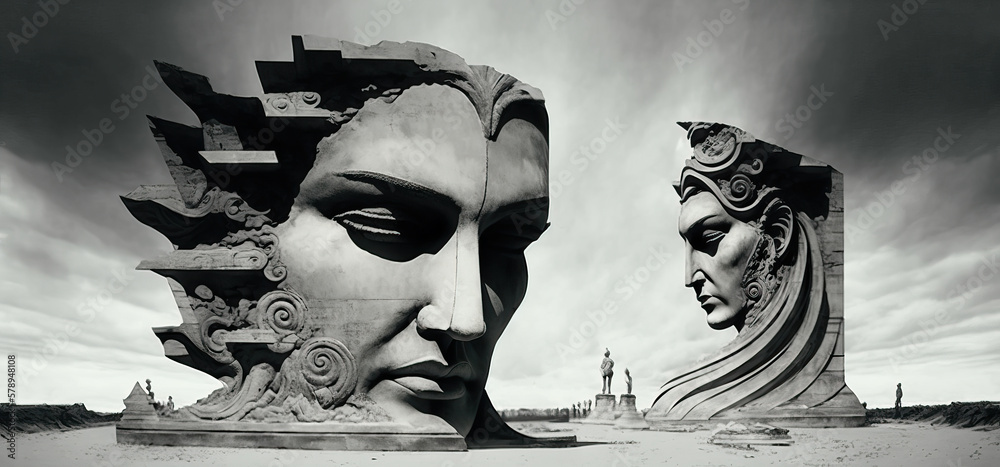 Ancient eroded marble deity heads, monolithic ruined monument, Greek ...