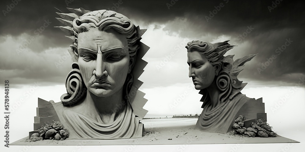 Ancient eroded marble deity heads, monolithic ruined monument, Greek ...