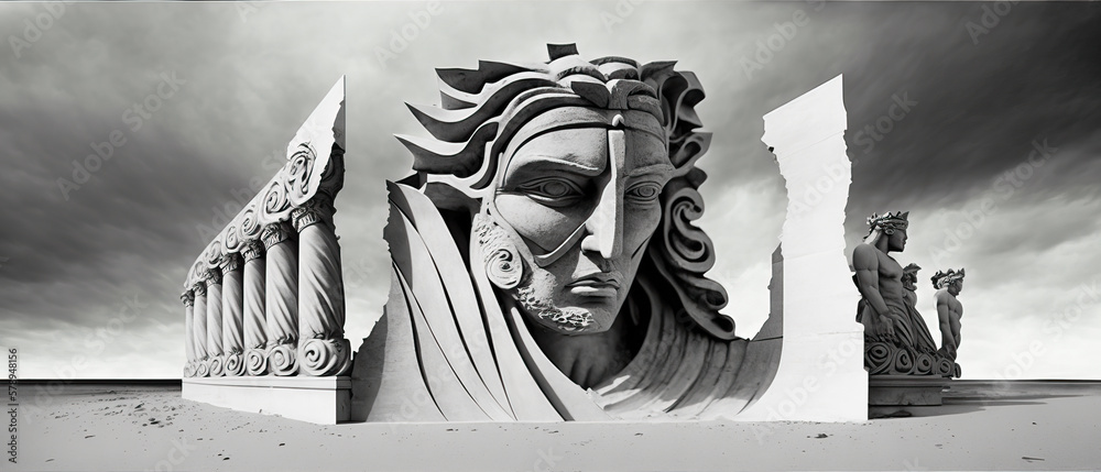 Ancient eroded marble deity heads, monolithic ruined monument, Greek ...