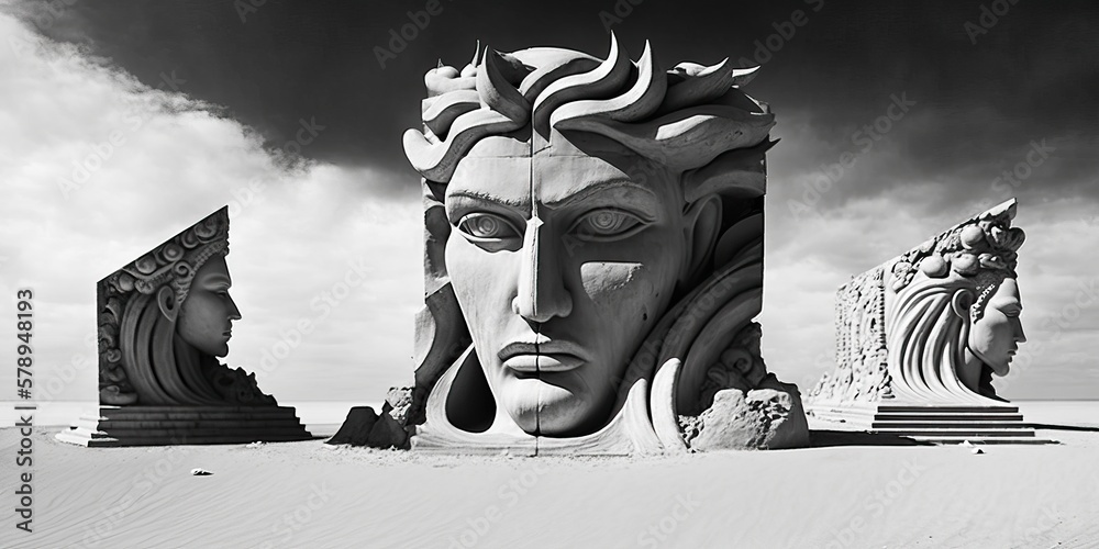 Ancient eroded marble deity heads, monolithic ruined monument, Greek ...