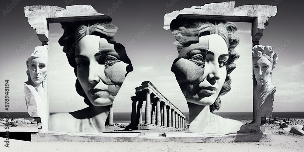 Ancient eroded marble deity heads, monolithic ruined monument, Greek ...
