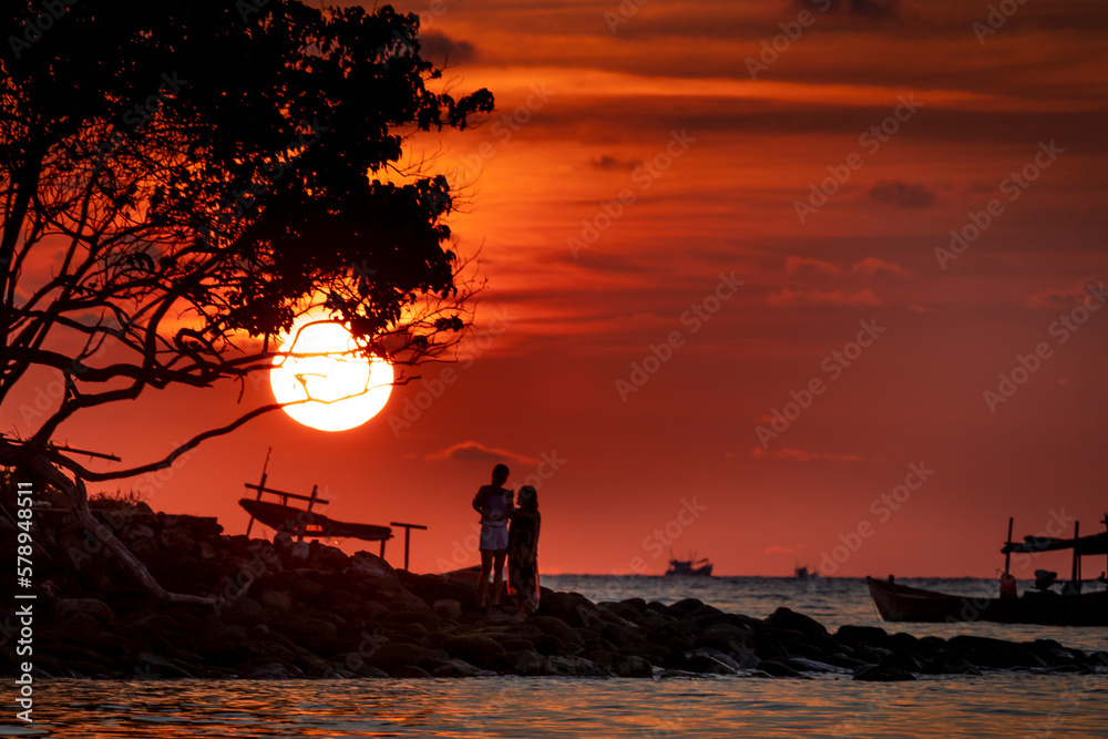 The sunset on Koh Rong Samloem island in Cambodia in paradise island ...