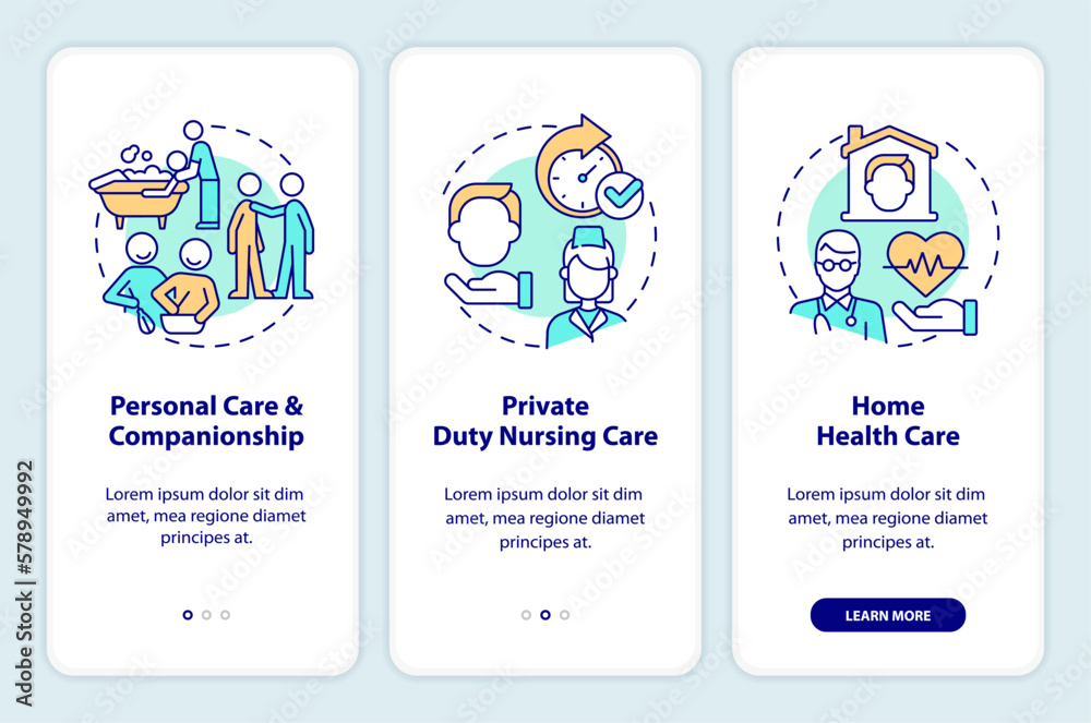 Home health care types onboarding mobile app screen. Walkthrough 3 ...