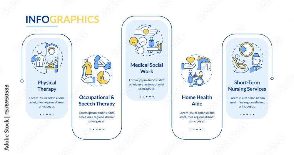 Home health care services blue rectangle infographic template. Data ...