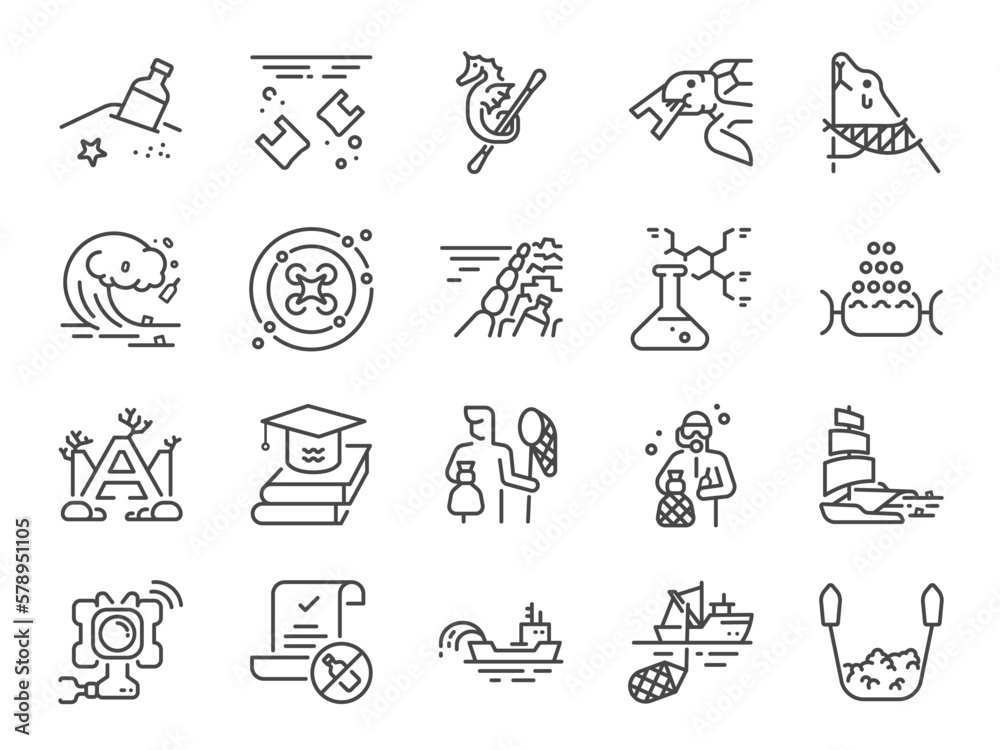 Ocean garbage cleanup icon set. It included icons such as trash ...