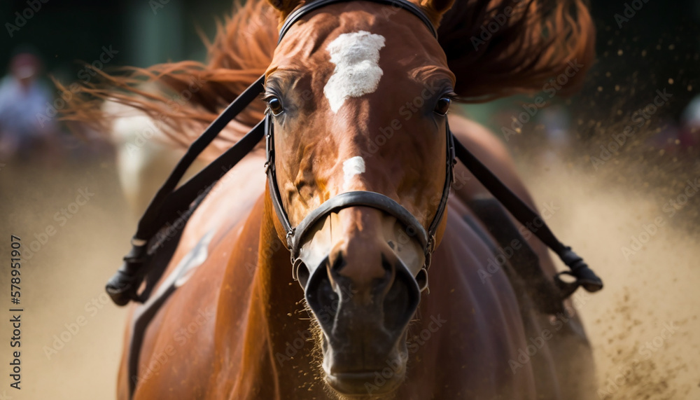Horse race with a close-up of a horse's face, showing the intensity and ...