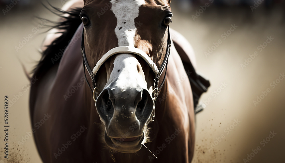 Horse race with a close-up of a horse's face, showing the intensity and ...