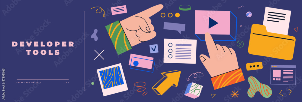 Set of digital interface elements. Figures: files, browser window ...