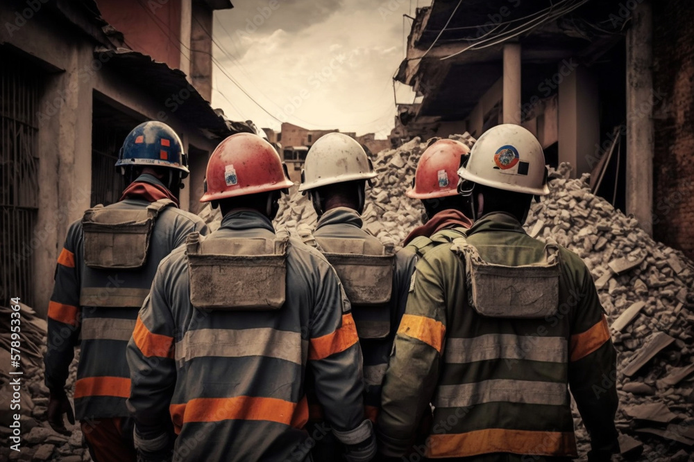 Rescuers in uniform and helmets dismantle the rubble of houses after ...