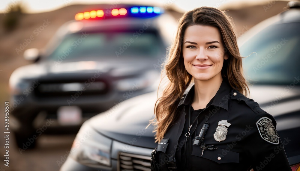 a beautiful smiling young police beside of a blurry traffic light and ...