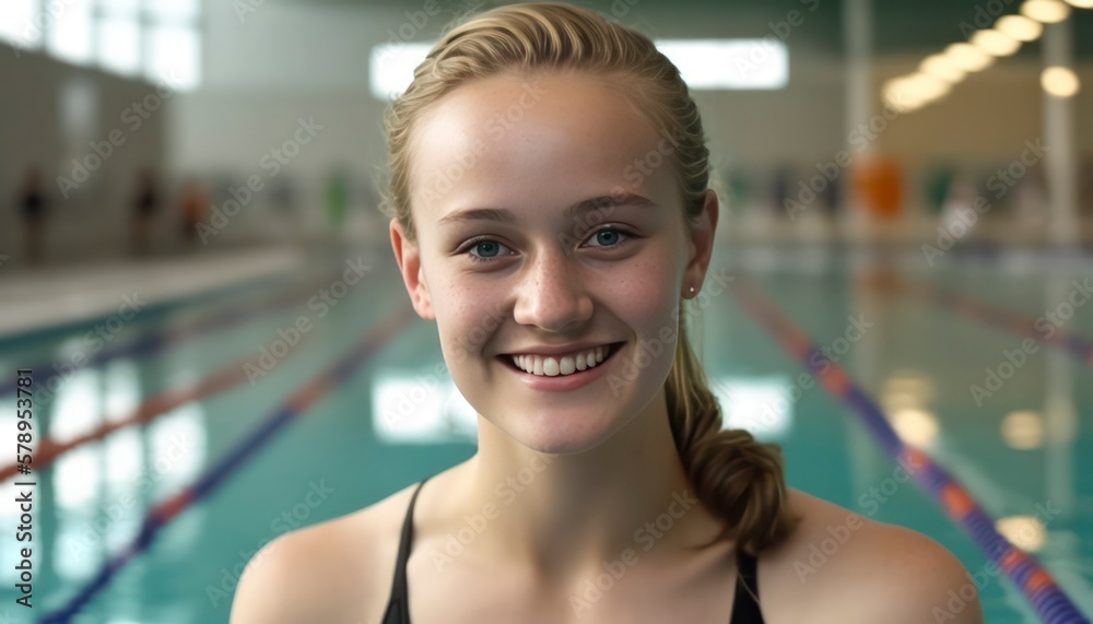 a beautiful smiling young athlete in front of a sport stadium ...