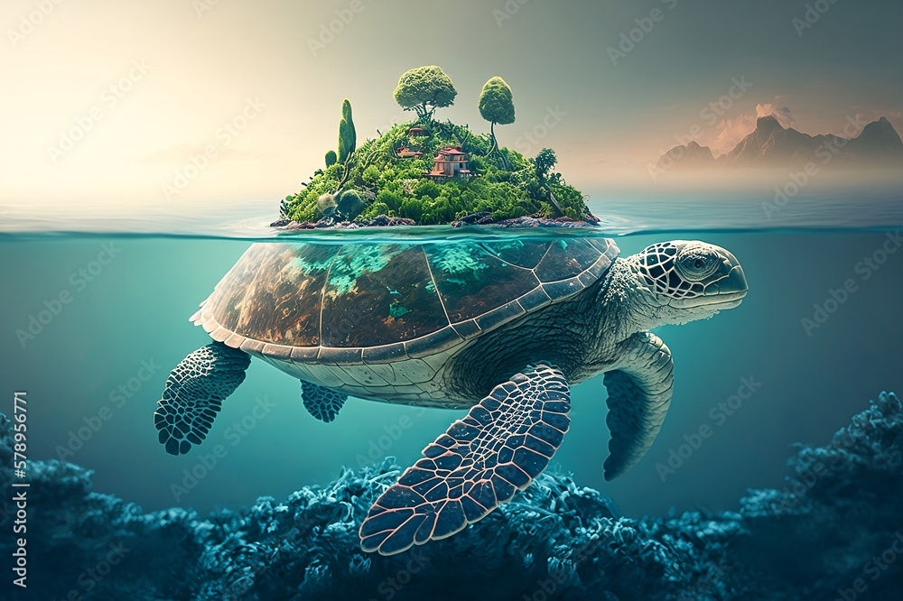 Sea turtle with island on its back. Island on a sea turtle. Generative ...