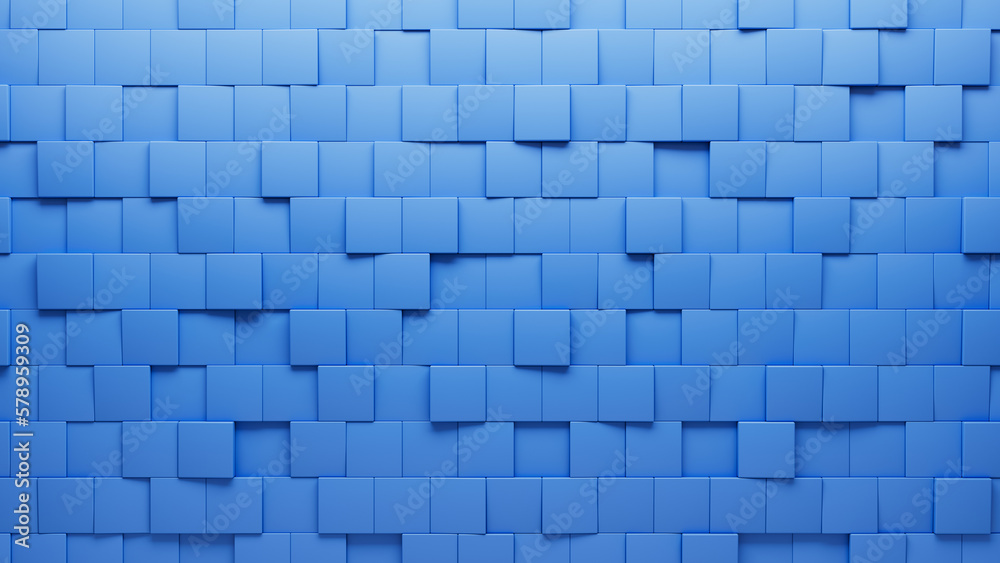 Blue, Square Mosaic Tiles arranged in the shape of a wall. Futuristic ...