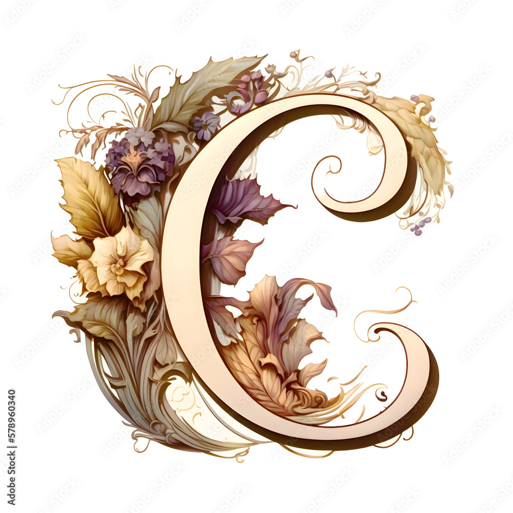 Capital Letter Of The Alphabet C In Decorative Style With Flowers