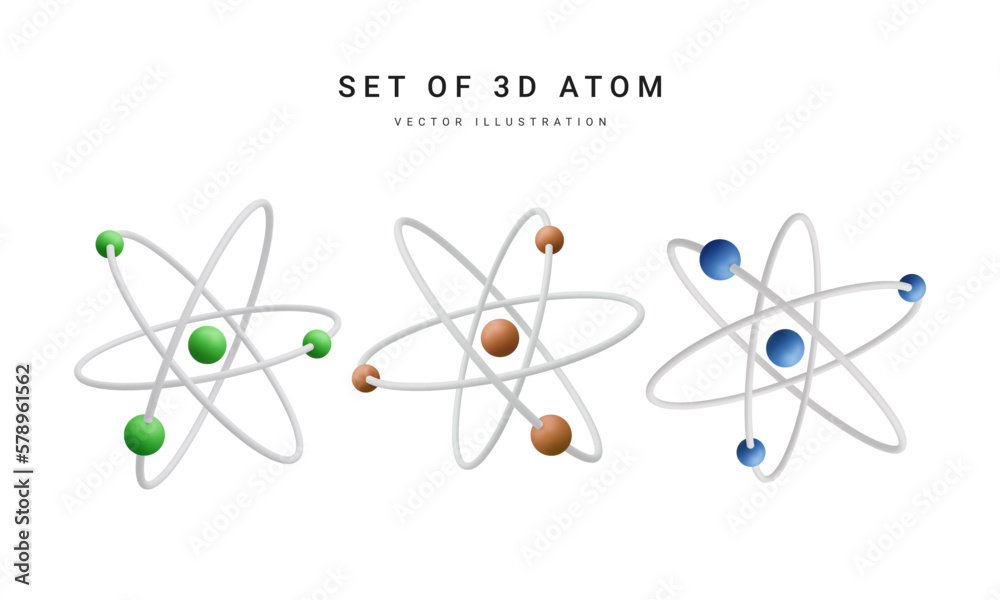 Set of 3d realistic atom with orbital electrons isolated on white ...