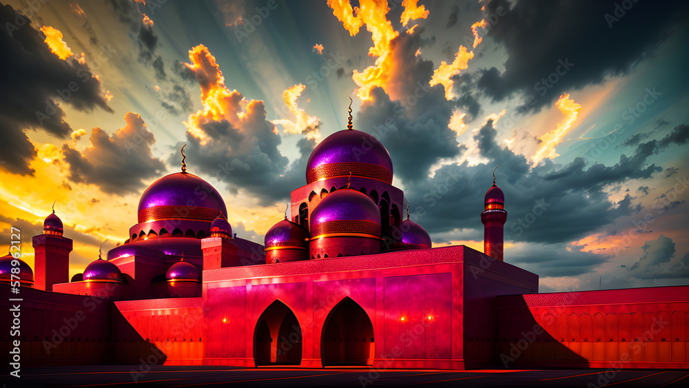 Ramadan Eid background Beautiful night view of mosque stars moon ...