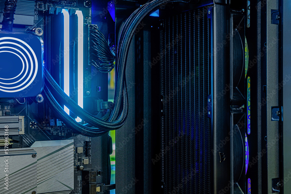 Close-up inside Hi-performance custom computer desktop with black ...