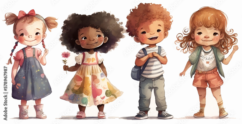 Cheerful cartoon standing children in a row on the white background ...