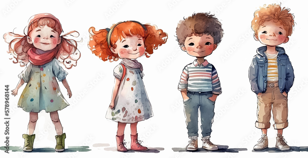 Watercolor Illustration of a group of preschooler children, funny ...