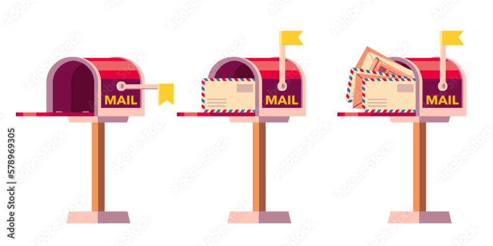 Full mailbox. Empty postbox, mail container with letter, letterbox with ...