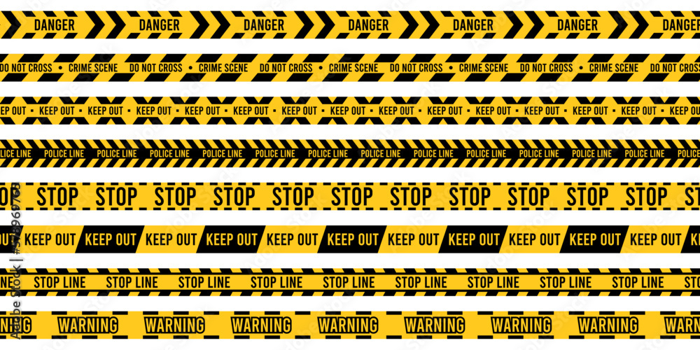 Crime scene ribbon. Warning danger caution tape, yellow police alert ...