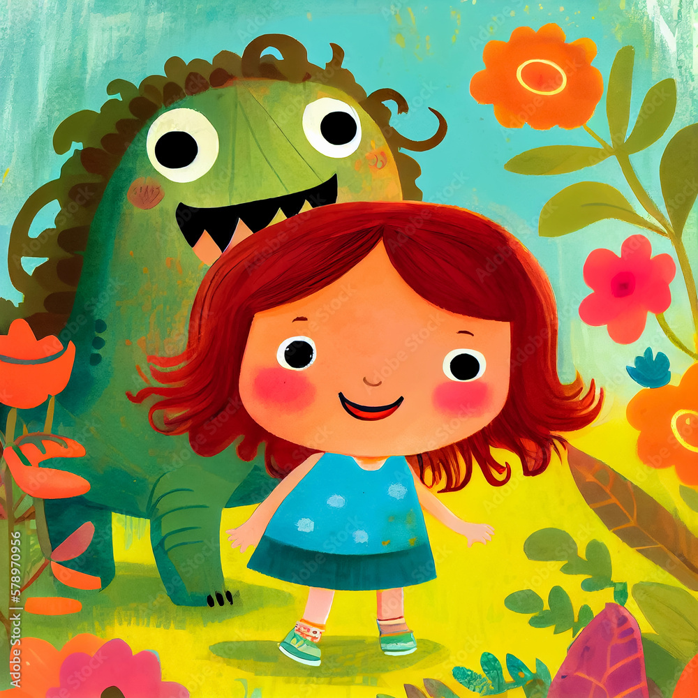 Cute little cartoon kid girl playing with monster friend on flowers ...