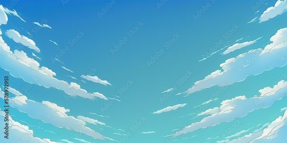 Summer blue sky with clouds background in anime style, cloudscape ...