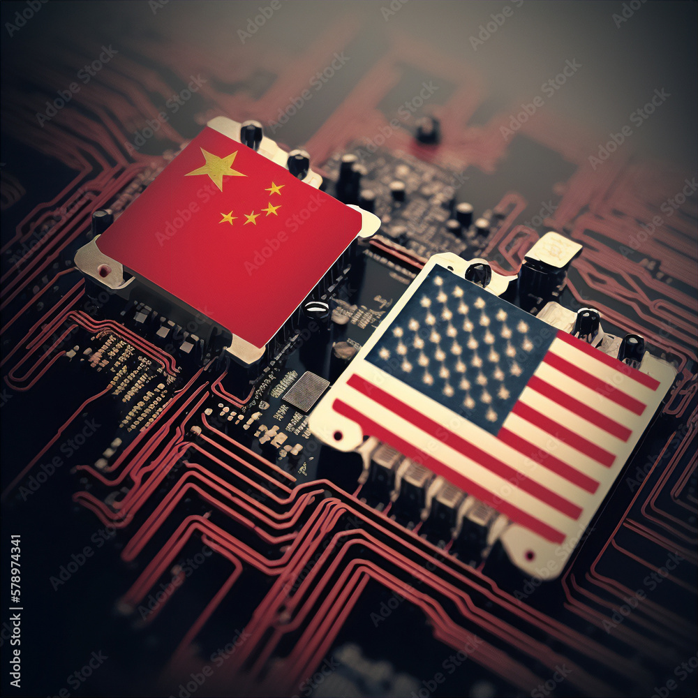 Flag of USA and China on a processor, CPU or GPU microchip on a ...