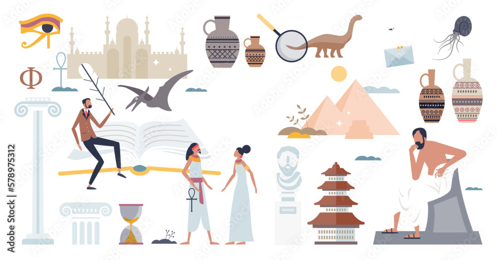 History set with ancient elements and culture symbols tiny person ...