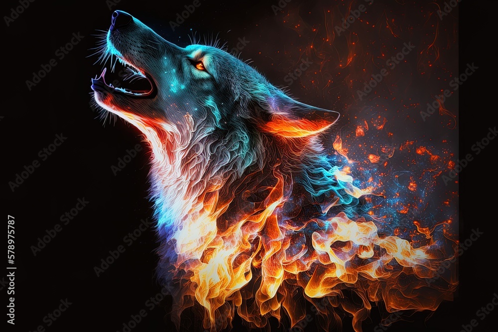 A wolf howling on fire of different colors. Generative ai. Stock ...