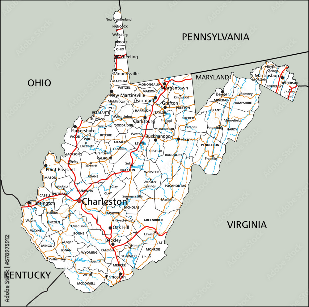 High detailed West Virginia road map with labeling. Stock Vector ...
