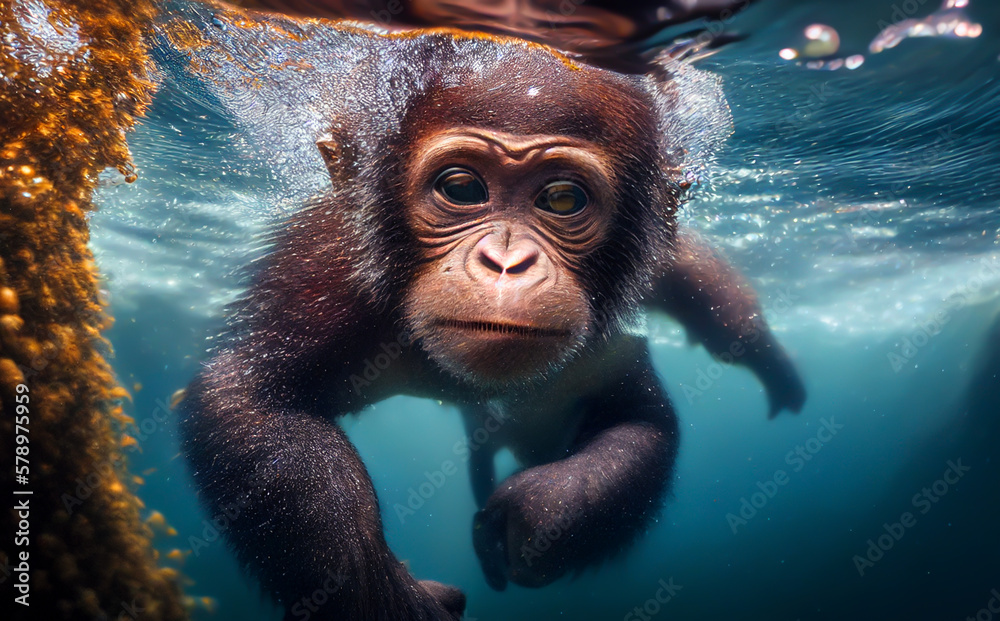 Monkey swims underwater in turquoise sea. Monkey hunting for fish in ...