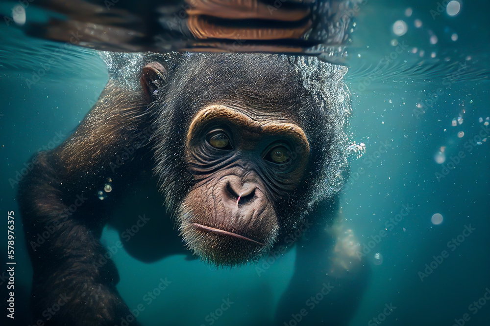 Monkey swims underwater in turquoise sea. Monkey hunting for fish in ...