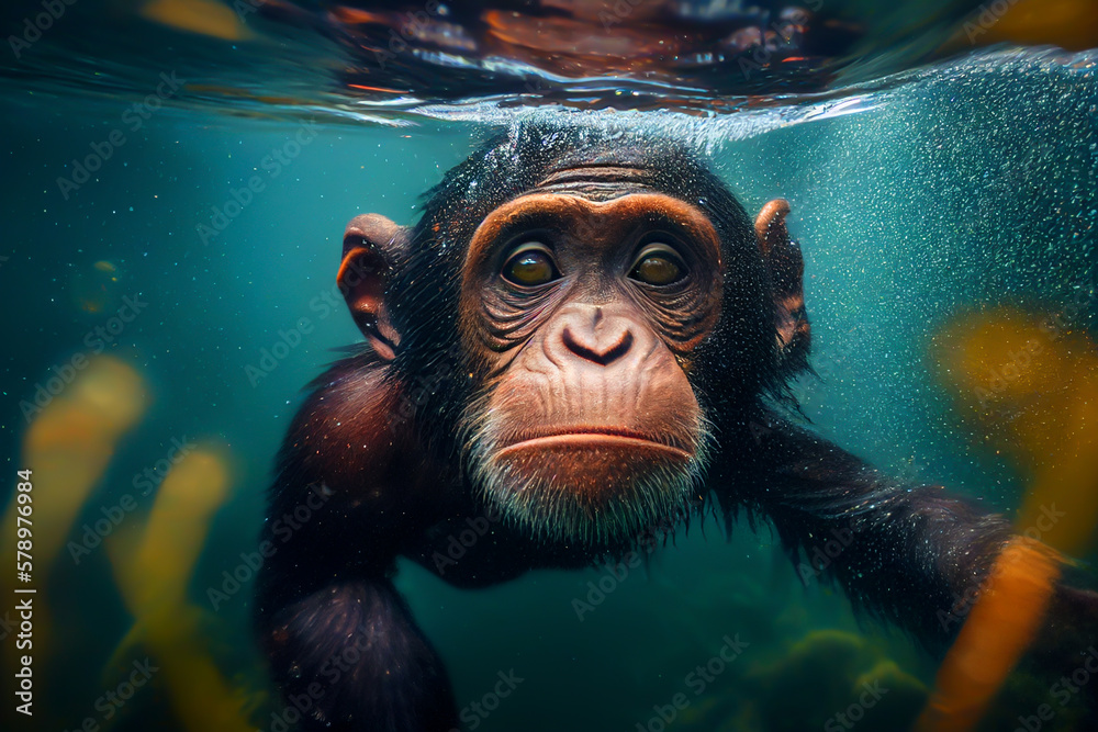 ภาพประกอบสต็อก Monkey swims underwater in turquoise sea. Monkey hunting for fish in ocean. Funny ...