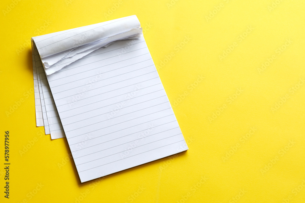 Top view of blank open notebook with torn pages. Page with lines on ...