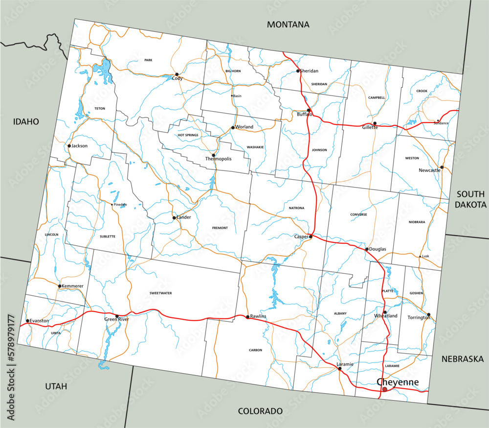 High detailed Wyoming road map with labeling. Stock Vector | Adobe Stock