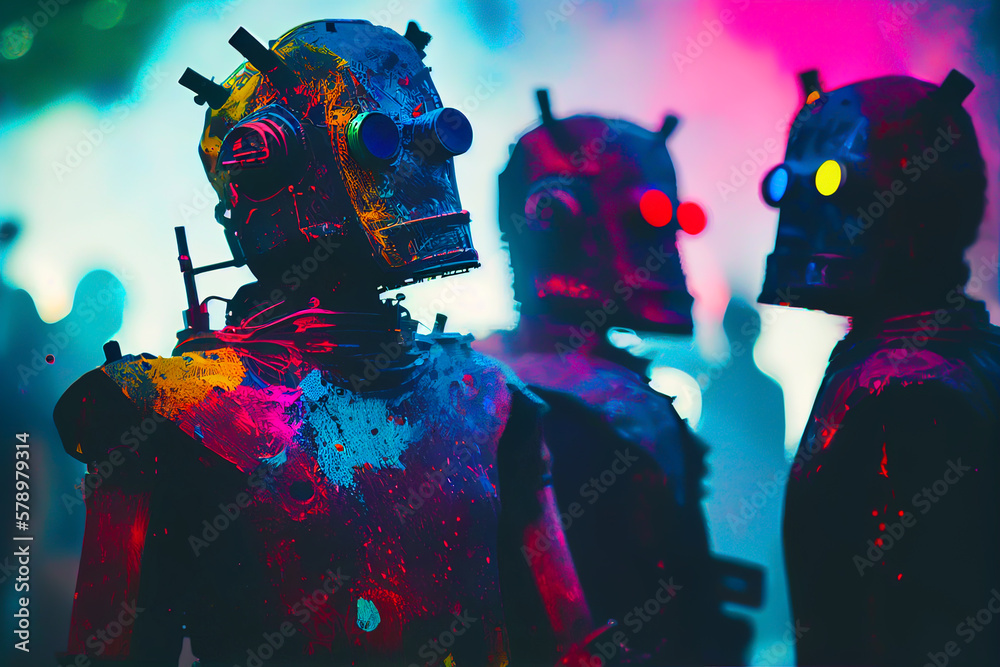 Colours Festival. Robots on Festival Holi. Robots paints in colorful ...