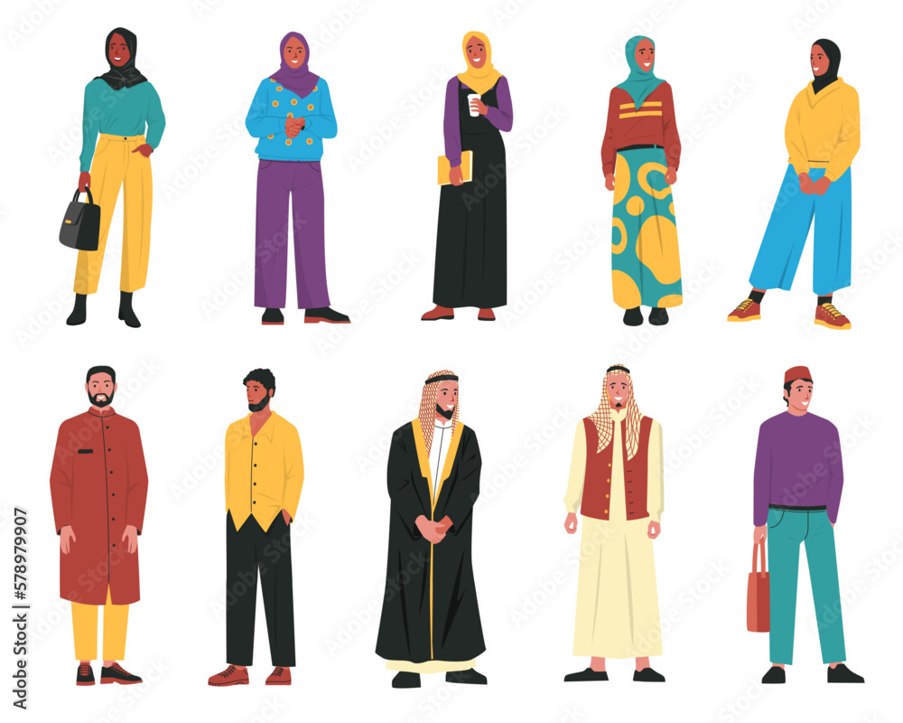 Vetor de Various arabic people. Cartoon muslim male female characters ...