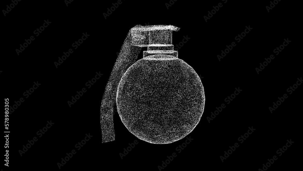 3D hand grenade rotates on black bg. Object dissolved white flickering ...