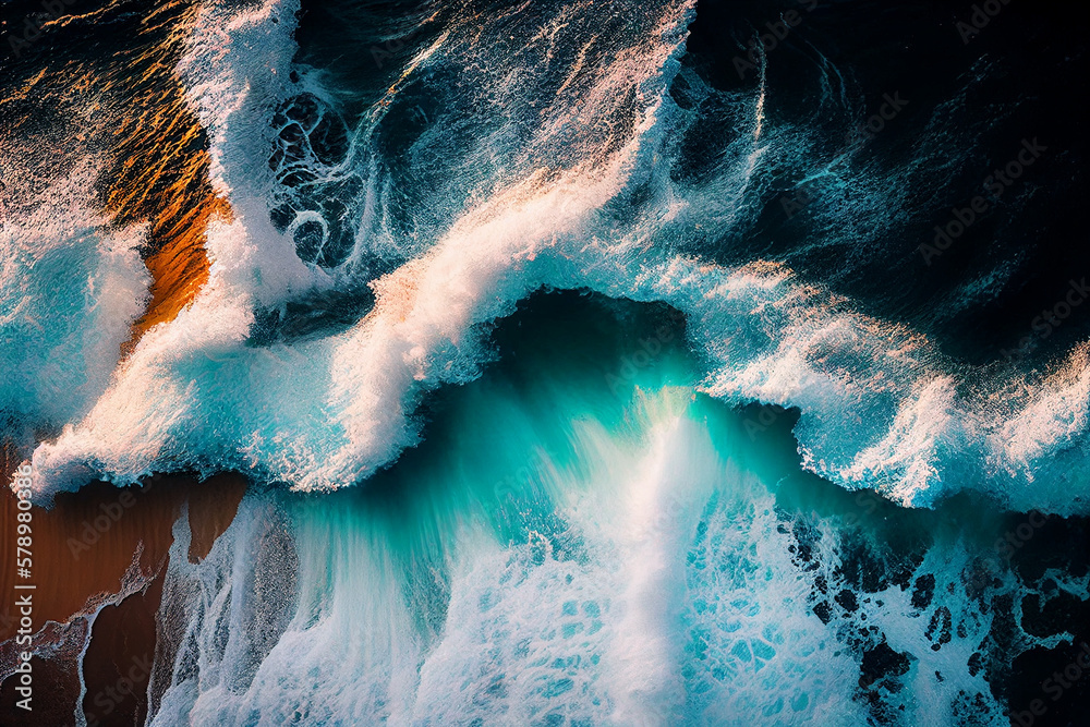 Sea waves, top view. Seashore sea waves, bright beach. Wave at beach ...